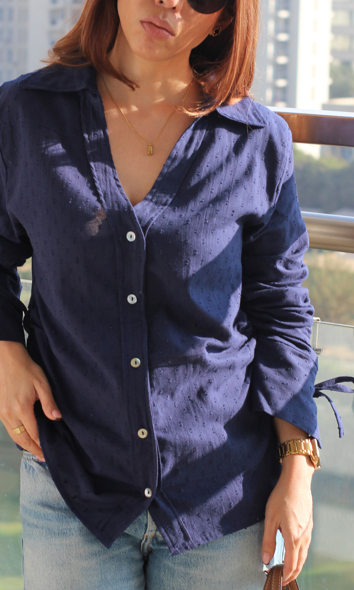Navy Dobby String Detail Cotton Shirt – FAIL.